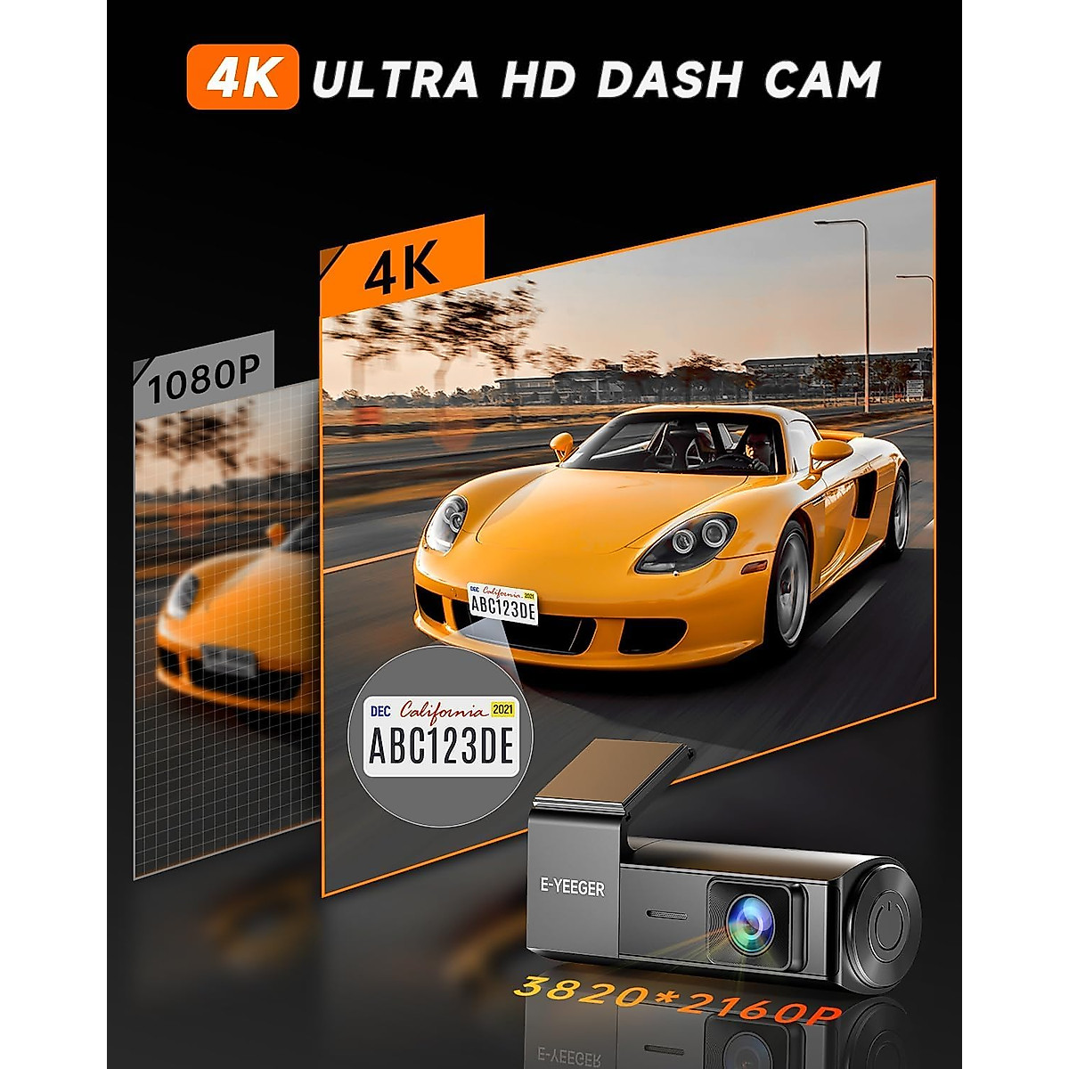 Dash Cam 4K WiFi Front Dash Camera for Cars, E-YEEGER Car Camera 2160P Wireless Mini Dashcams with App, Driving Recorder with 24H Parking Mode, Night Vision, G-Sensor, Free 32G Card, Support 256G Max