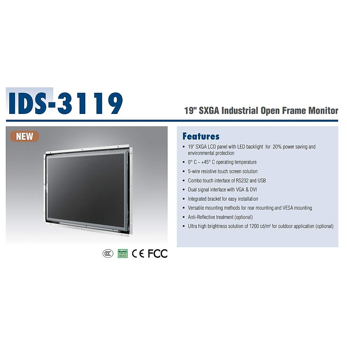 (DMC Taiwan) 19 inches SXGA 350 cd/m2 LED Open Frame Touch Monitor