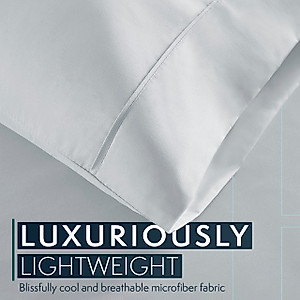 HC COLLECTION Bed Sheets Set Full with 2 Pillowcases Hotel Luxury Brushed Microfiber Sheet w/Deep Pocket, Fade Resistant Ultra Soft Breathable Lightweight 4 Pcs Bedding Solid Color, Ice Blue