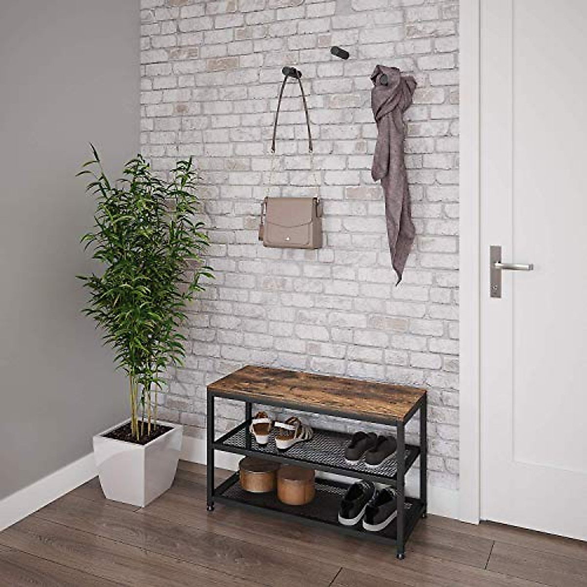 Ballucci Shoe Rack Bench, 3-Tier Shoe Rack, Entryway Shoe Organizer with Seat, Metal Storage Shelves for Hallway, Living Room, Mudroom - Rustic Brown