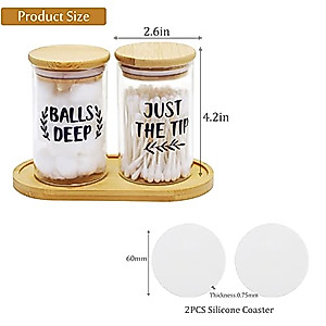 Glass Qtip Holder and Cotton Ball Holder Set with Bamboo Tray, Apothecary Jars with Lids for Bathroom Organization, Clear Farmhouse Bathroom Dispenser Canisters Organizer for Swabs Pads Balls Jewelry