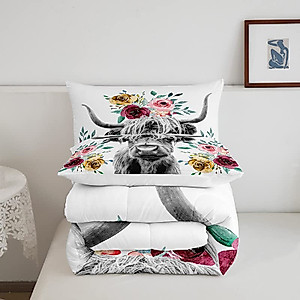 Feelyou Cow Comforter Set Highland Cattle Flowers Comforter Floral Printed Bedding Set for Kids Adults 1 Comforter & 1 Pillowcase