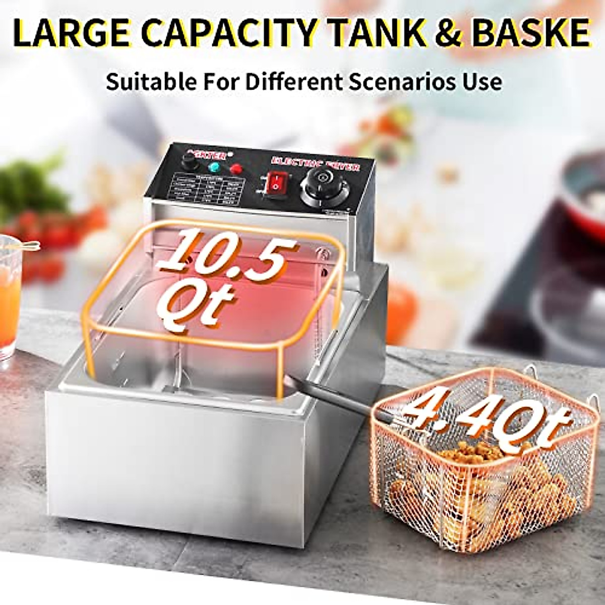 AGKTER Deep Fryer,Commercial Deep Fryer,Electric Deep Fryer with Basket,Stainless Steel Electric Countertop Fryer with Over-Temperature Protection For Restaurant and Home Use 10.5qt 1500W 110V