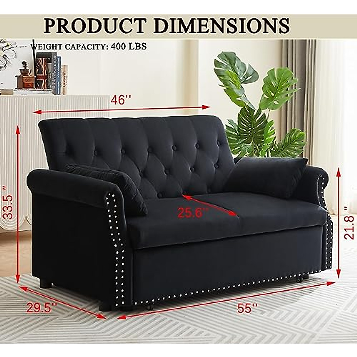 55"Convertible Loveseat Sofa Couch with Pull-Out Sleeper,3-in-1 Modern Love seat Couch Bed with Adjustable Backrest and 2 Pillows,Velvet 2 Seater Couch Bed for Small Spaces Living Room(Black)