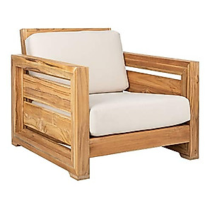 SAFAVIEH Couture Patio Guadeloupe Natural Brazilian Teak and White Outdoor Club Chair