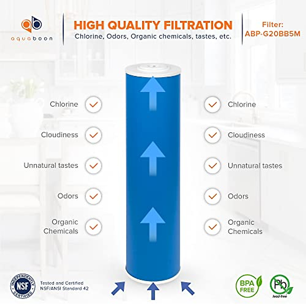 Aquaboon Premium 5 Micron 20" x 4.5" Whole House Coconut Shell Granular Activated Carbon (GAC) Water Filter Replacement Cartridge, 4 Pack