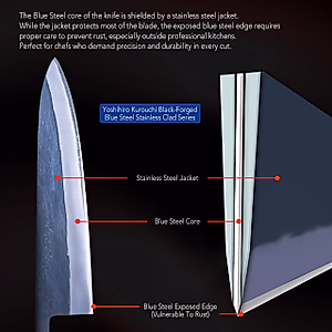 Yoshihiro Kurouchi Black-Forged Blue Steel Stainless Clad Sujihiki Kiritsuke Slicer Knife Ebony Handle (10.5"(270mm) & Saya Cover)