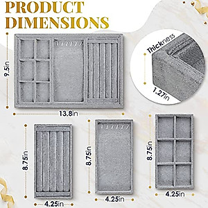 Houseables Jewelry Tray Organizer, Stackable Accessories, Storage, 13.8"x 9.5", Grey, 4 Pcs, Earring Box, Adjustable Drawer Insert, Velvet Ring Holder, Bracelet & Necklace Display, Cufflink Case