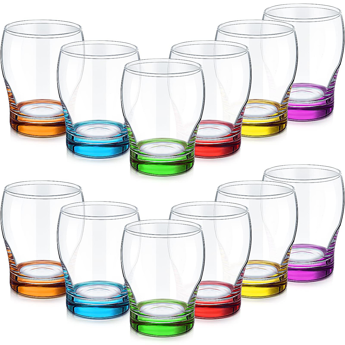 Set of 12 Colorful Drinking Glasses 11 oz Colored Glass Cups with Heavy Weighted Base Multi Colored Cocktail Glasses Stemless Wine Glass Tumbler for Beer Water Whiskey Iced Coffee Juice Smoothie