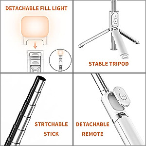 Selfie Stick with Fill Light, Tupwoon Extendable [42 Inch] Selfie Stick with Detachable Remote, Portable Phone Tripod Stand, Compatible with iPhone 14/13/12/11, Samsung Google Smartphones