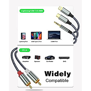 Lightning to RCA Cable Audio Aux Adapter,RCA to 3.5mm Cable，USB C to 2 RCA Audio Cable， (3 in 1 Audio Cable) for Power Amplifier, Car, Home Theater, Speaker and More(Lightning Compatible)（7.55FT