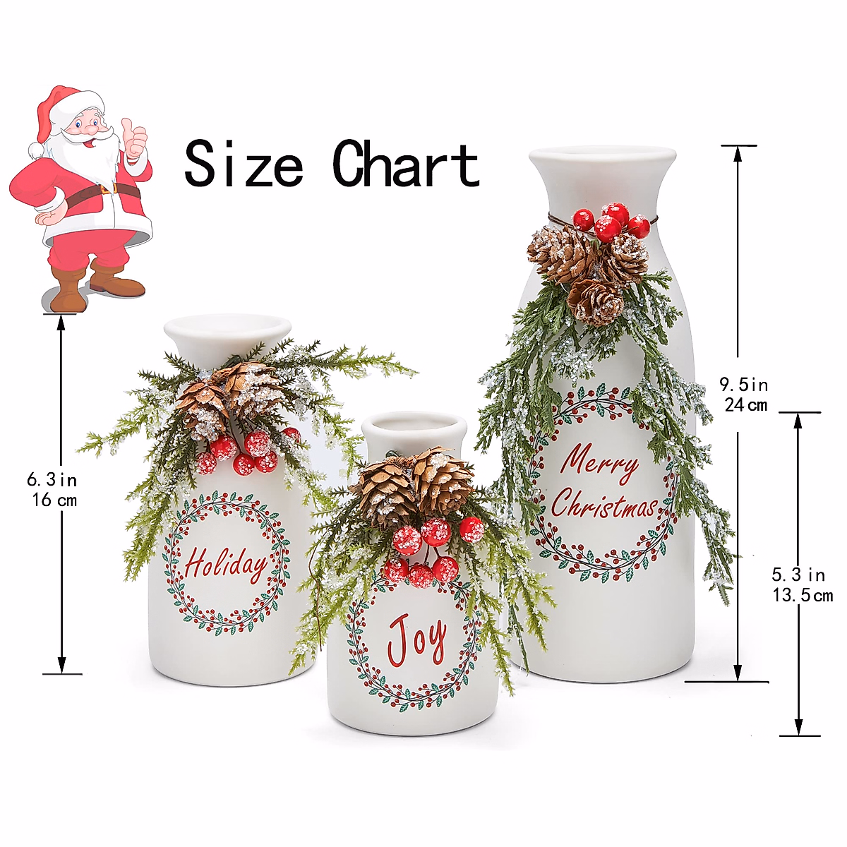 Wortour Artificial Christmas Vase 3-Piece Set Flocked with Mixed Xmas Decorations Ceramic White Bottles (White)