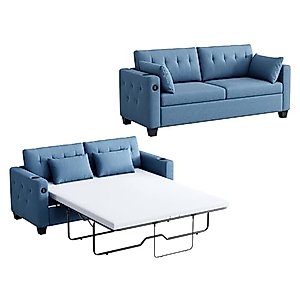 LINSY HOME Pull Out Sofa Bed, Queen Sleeper Sofa Couch with Memory Foam Mattress and Solid Wood Bed Frame, Covers Removable and Washable, Pullout Couch for Home Office, Blue, Queen Size