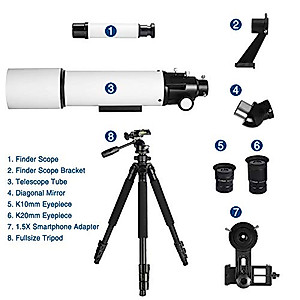 OYS Telescope for Kids Adults Astronomy Beginners, 80mm Aperture 500mm AZ Mount, Astronomical Refractor Travel Telescope with Tripod and Phone Adapter to Observe Moon and Planet