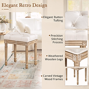 LUE BONA Upholstered Fabric Vanity Bench Seat, Makeup Stools for Vanity, Square Tufted Ottoman Bench with Carved Wood Color Legs for Bedroom Living Room, Beige