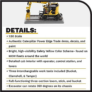 Diecast Masters 1:50 Caterpillar M323F Railroad Wheeled Excavator - Safety Yellow Version | High Line Series Cat Trucks & Construction Equipment | 1:50 Scale Model Diecast Collectible | 85661