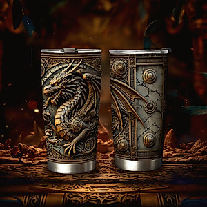 20oz Viking Dragon Tumbler, Norse Mythology, Viking Gifts for Men, Gaming, Gamers Gifts, Coffee Thermos, Stainless Steel Double Wall Vacuum Insulated Coffee Mug, Travel Cup with Lid