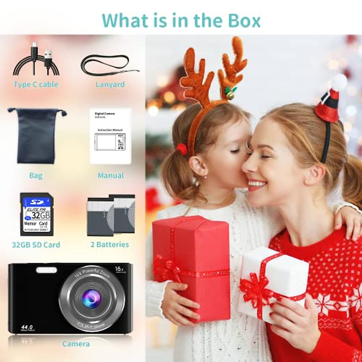 Saneen Digital Camera, FHD 2.7K Cameras for Photography, 44MP Kids Camera Small Compact Digital Camera for Teens, Adults & Beginners with 32GB SD Card, 16X Zoom, Two Rechargeable Batteries-Black