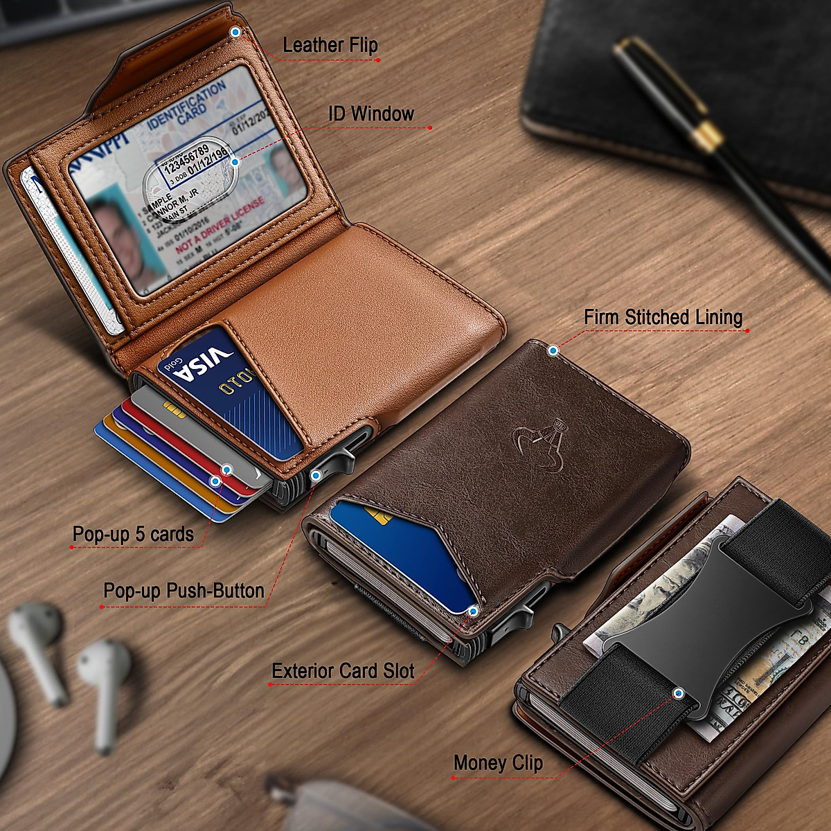 BULLIANT Men Wallet Gift Boxed,Slim Front Pocket Wallet Money Clip Card Holder 3.8"x2.7",Pop-up Access