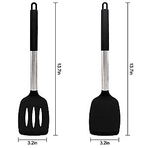 Silicone Spatula Heat Resistant Silicone Handle 2-Piece Set Black Slotted Turner Flexible Silicone Spatula Nonstick Turner Set for Fried Egg, Barbecue, Hamburg
