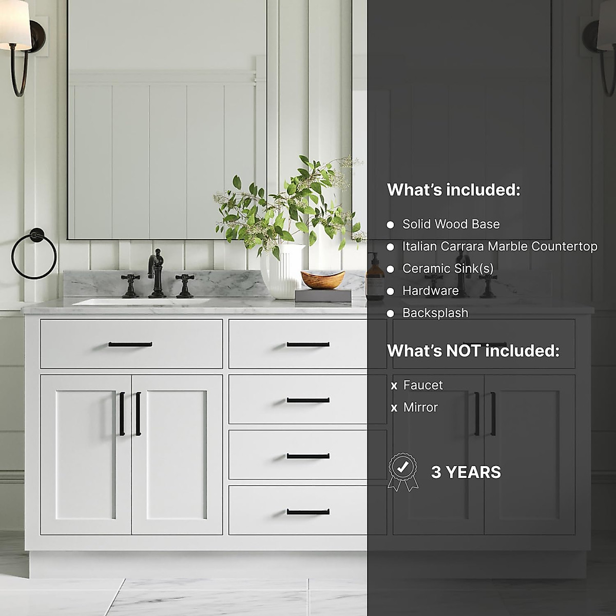 ARIEL Double Bathroom Vanity 73" White, Italian Carrara Marble Countertop & Splash, Rectangular Sinks, 4 Soft Closing Doors, 6 Full Extension Dovetail Drawers, Toe Kick, Matte Black