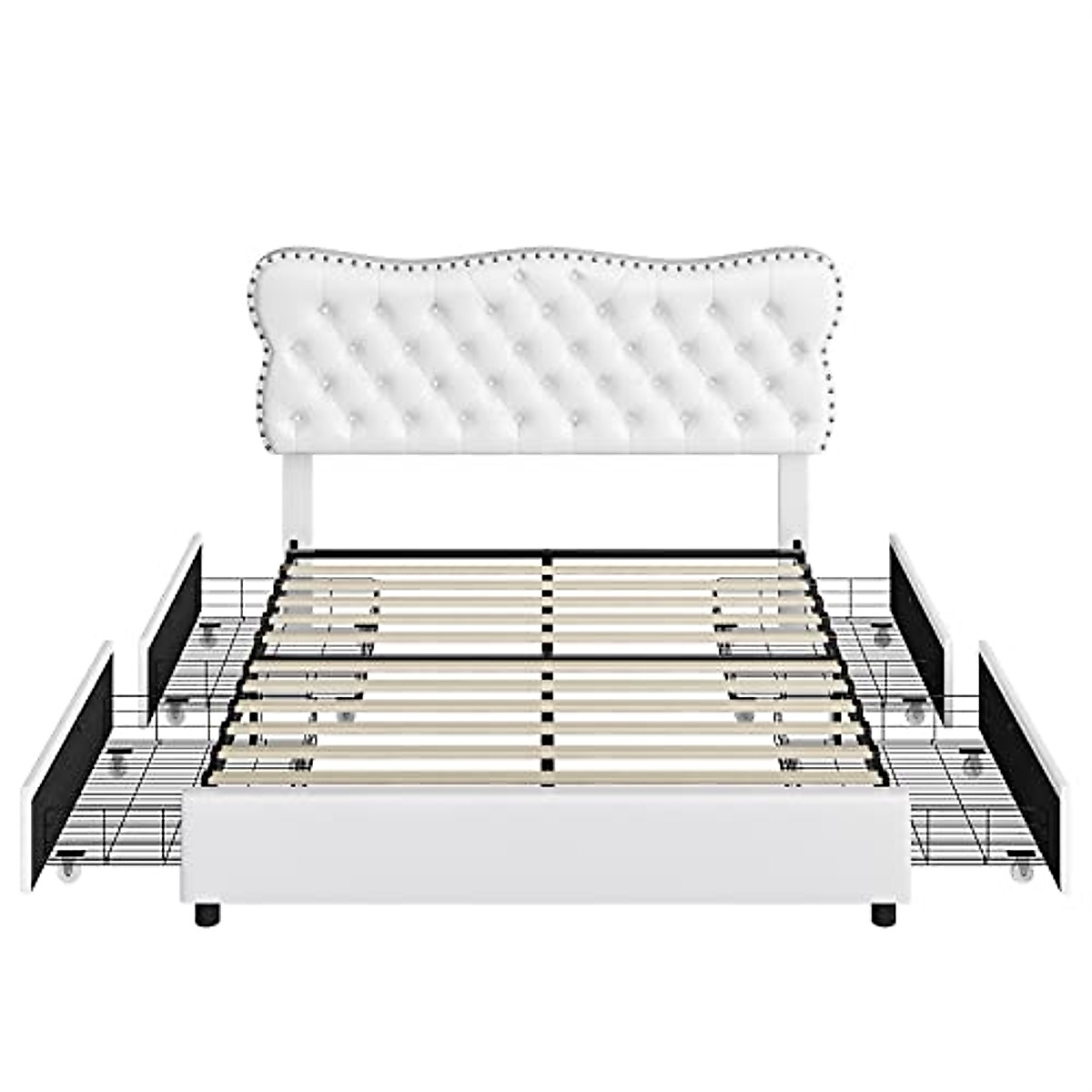 HOSTACK Full Bed Frame with 4 Storage Drawers, Upholstered Platform Bed Frame with Button Tufted Headboard, Heavy Duty Mattress Foundation with Wooden Slats, No Box Spring Needed (White, Full)