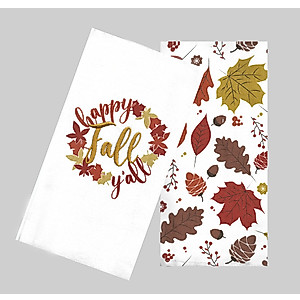 Mainstream Fall Kitchen Towels, Set of 2, Happy Fall Y all with Tossed Leaf Acorn Print Cotton Dual-Sided Terry Dishtowels Drying Cloth 16*26 inches White, Rust, Gold, Tan, Brown