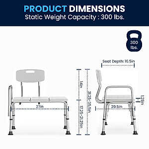 Flash Furniture HERCULES Series 300 Lb. Capacity Adjustable White Bath & Shower Transfer Bench with Back and Side Arm