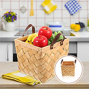 Rattan Picnic Basket Natural Woven Woodchip Baskets with Leather Handle Wicker Laundry Hamper Seagrass Storage Bin Container for Fruit Vegetable 24cm