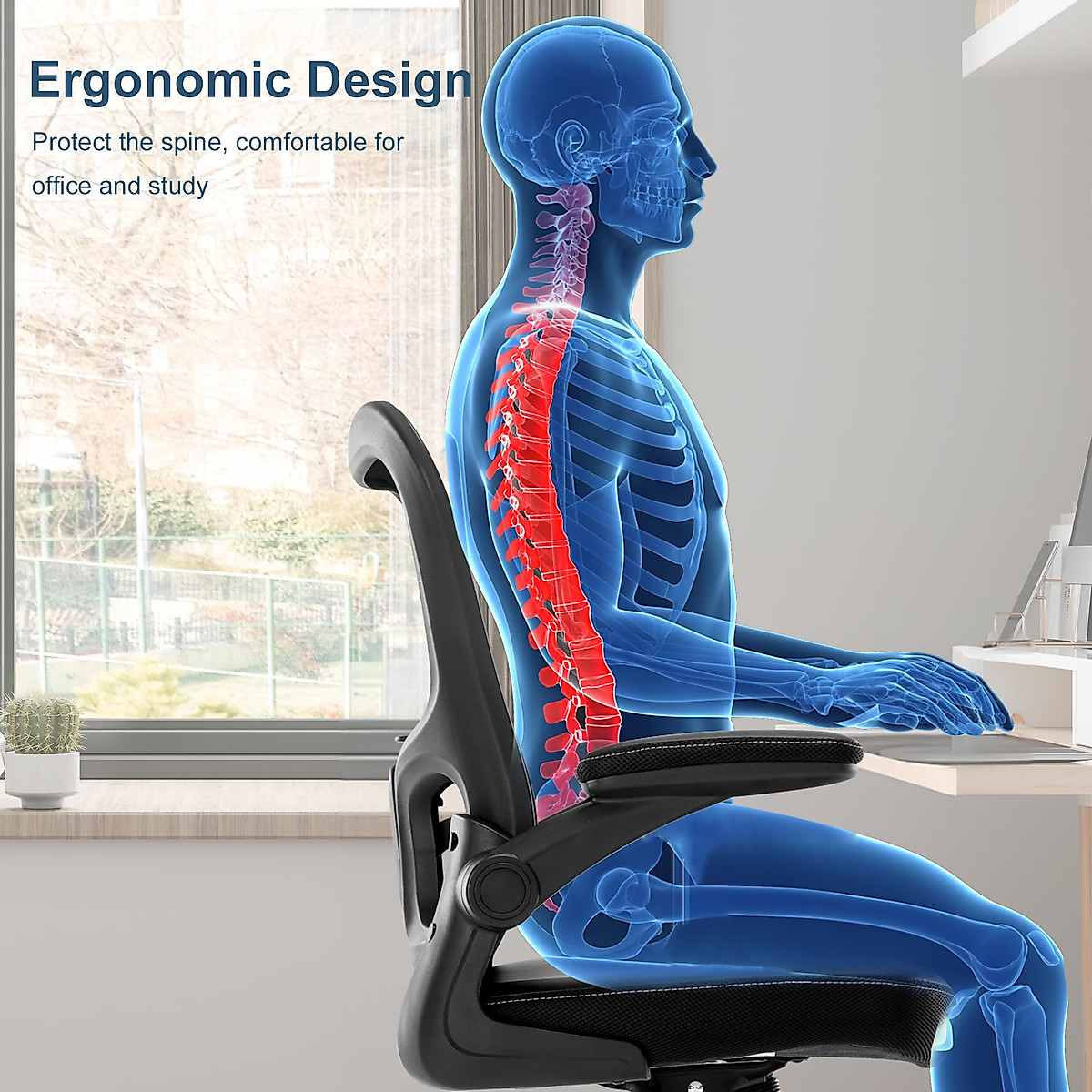 HOMIFYCO Ergonomic Office Chair with Lumbar Support, Adjustable PU Leather Computer Chair, Executive Desk Chair with Flip-up Arms, Breathable Mesh Back, Swivel Rolling Task Chair for Home Office Black
