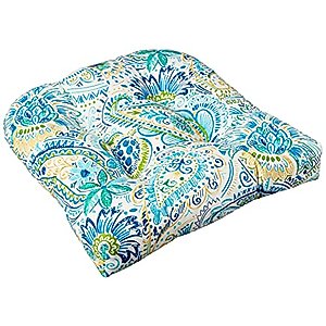 Pillow Perfect Paisley Outdoor Wicker Patio Seat Cushion Reversible, Weather, and Fade Resistant, Round Corner - 19" x 19", Blue/Yellow Gilford, 2 Count