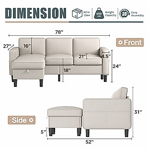 Yattem Convertible Sectional Sofa Couch, 3Seat L-Shaped Sectional Sofa Couch,Beige Linen Sofa Couch Furniture Set with Reversible Storage Ottoman & Storage Pocket for Living Room Apartment Small Space