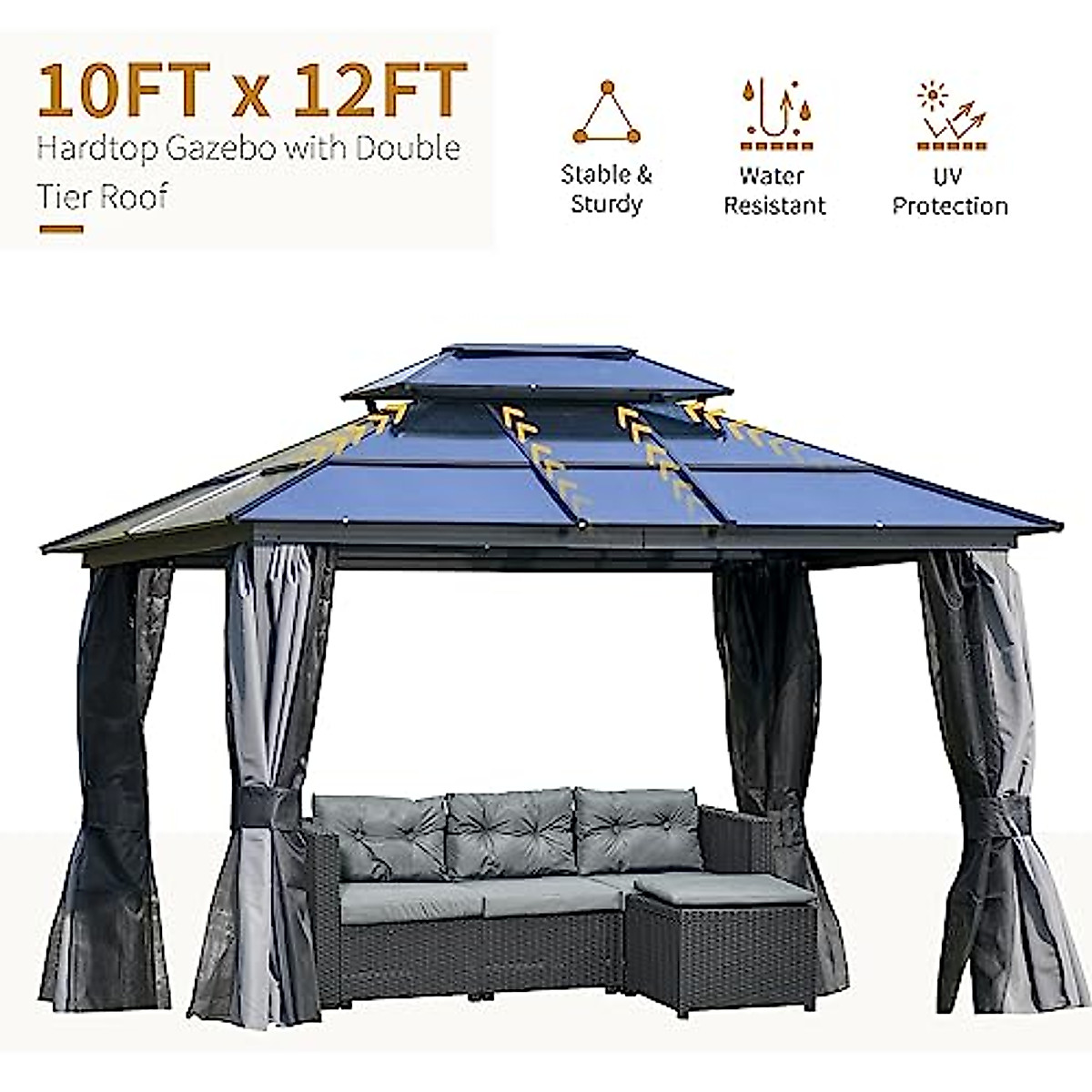 Outsunny 10' x 12' Hardtop Gazebo Canopy with Polycarbonate Roof, Aluminum Frame, Permanent Pavilion Outdoor Gazebo with Netting, for Patio, Garden, Backyard, Deck, Lawn, Light Gray