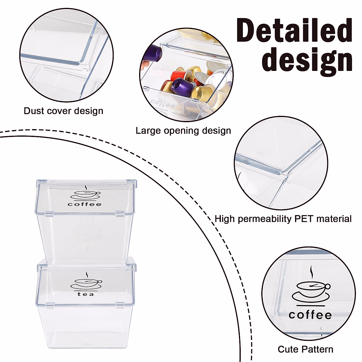 Yomjarl Tea Bag Storage 2 Pack Clear Plastic Tea Display Box Stackable Tea-Bag Holder Organiser Coffee Bar Organiser for Tea Bags,Sugar,Coffee Pods Storage for Kitchen Countertops Cabinets Pantry
