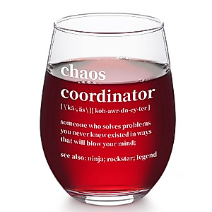 DAZLUTE Chaos Coordinator Stemless Wine Glass for Her Boss Women Best Mom New Mom Coworker Manager Teacher Boss Lady Office Female, Funny Gifts Idea for Women Mothers Day Birthday Christmas, 17oz