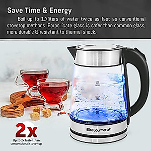 Elite Gourmet EKT-602 Electric 1.7L BPA Free Glass Kettle Cordless 360° Base, Stylish Blue LED Interior, Handy Auto Shut-Off Function – Quickly Boil Water For Tea & More, Stainless Steel