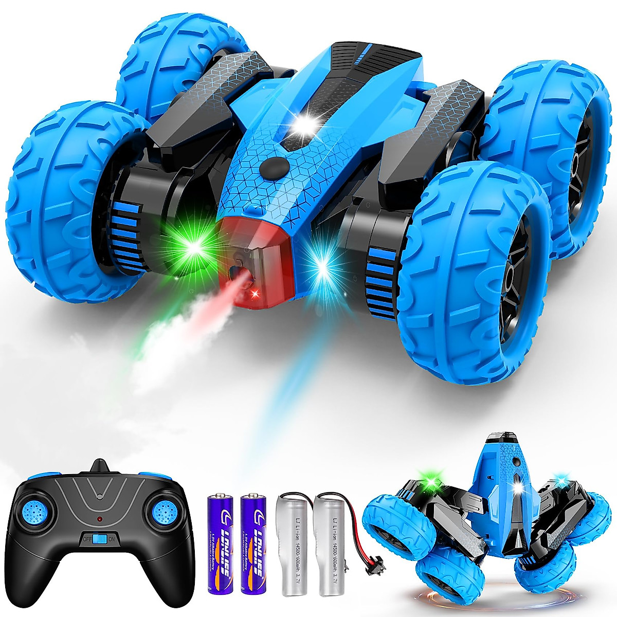 SUPIREO RC Cars, 2.4GHz Fast Stunt RC Car, 4WD Double Sided 360° Rotating RC Trucks with Headlights, High Speed Off Road Stunt Truck, Cool Spray Patterns, Remote Control Cars Toy for Boys Girls