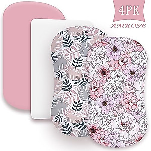 AMROSE 4 Pack Heavenly Soft Bassinet Sheets for Baby Girls, Universal Fitted for Various Cradle and Bassinet Mattress Pad, Silk Touch Gentle Breathable Microfiber, Floral & Leaf