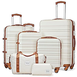 LONG VACATION Luggage Set 4 Piece Luggage Set ABS hardshell TSA Lock Spinner Wheels Luggage Carry on Suitcase (WHITE-BROWN, 6 piece set)