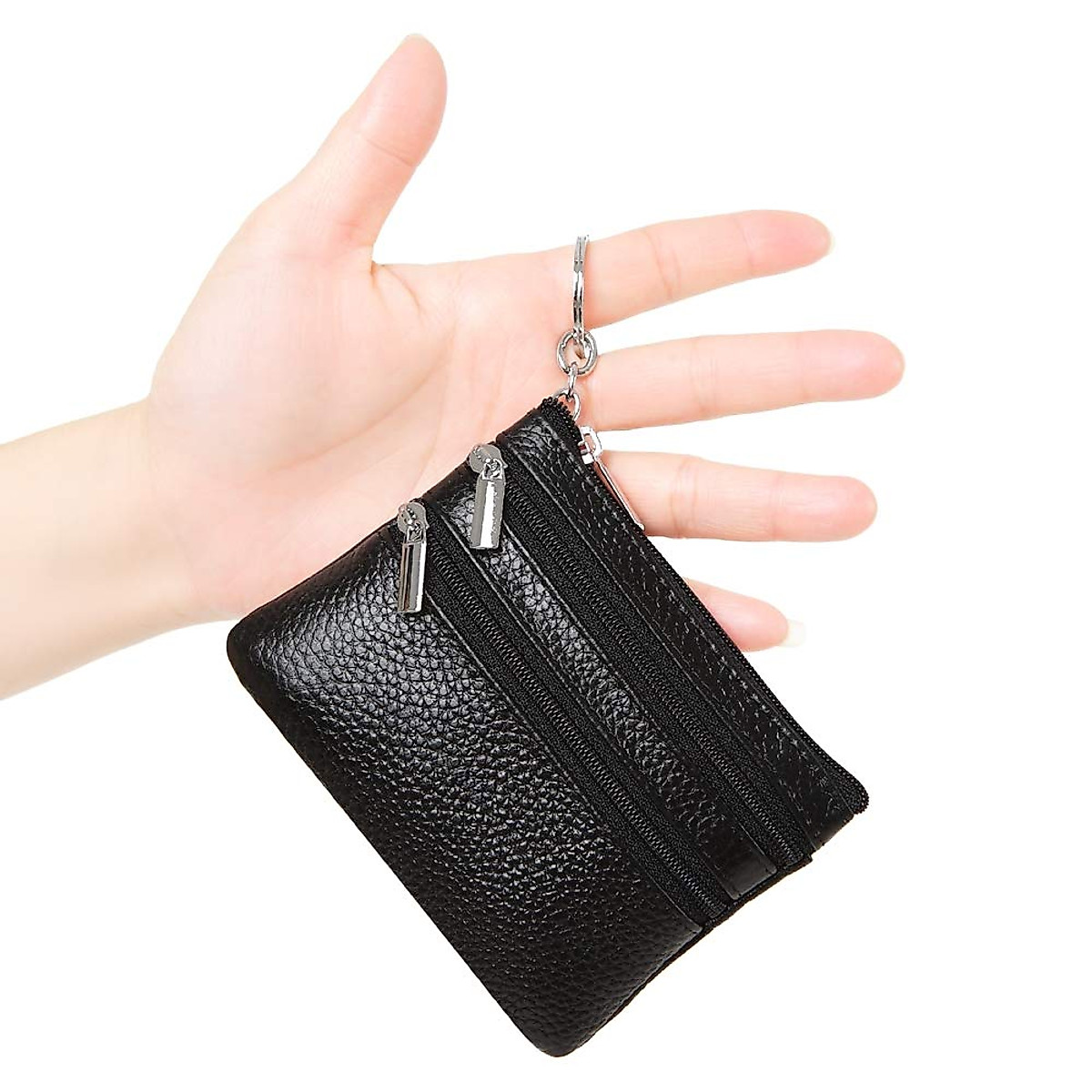 Women's Genuine Leather Coin Purse Mini Pouch Change Wallet with Keychain,black