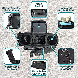 ComfyDegree Universal Baby Stroller Organizer Anti-Slip Detachable Pouch Bag Insulated Bottle Cup Holders Tissue Compartment, Secured Straps, Pockets for Diaper, Phone, Keys, Toys (Black)
