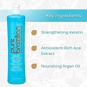 Pure Brazilian Anti-Frizz Daily Shampoo, Salt-Free, Color Safe, with Keratin, Argan Oil & Acai for Prolonged Treatment & Smooth Hair, 33.8 Fl Oz