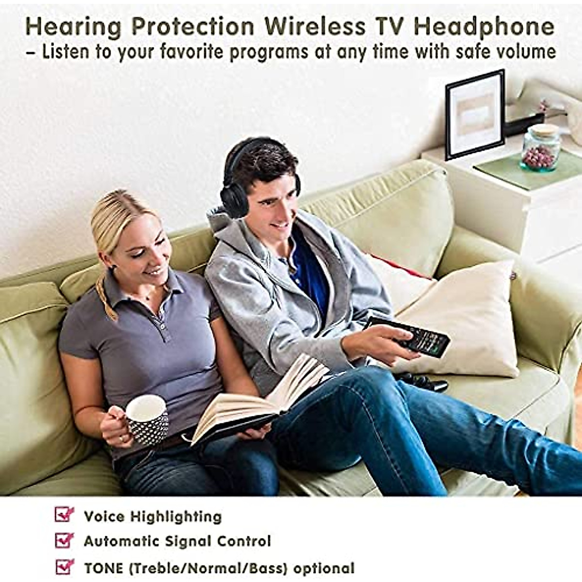 SIMOLIO 2.4G Wirelesss TV Headphones with 100ft Long Range, Tone Control, Mono or Stereo Option, No Need, No Delay