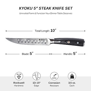 KYOKU Steak Knife Set of 6, Samurai Series 5" Steak Knives, Non Serrated High Carbon Steel Knives Set with Case Pakkawood Handles Mosaic Pins Sheaths, Ultra Sharp Dinner and Kitchen Knife Cutlery Set