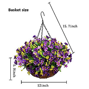 Homsunny Artificial Hanging Flowers in Basket Outdoor Indoor Patio Lawn Garden Decor, Hanging Daisy Basket with 12inch Coconut Lining Chain Flowerpot (Dark Purple)