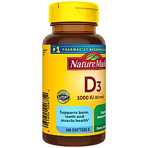 Nature Made Vitamin D3 1000 IU (25 mcg), Dietary Supplement for Bone, Teeth, Muscle and Immune Health Support, 100 Softgels, 100 Day Supply