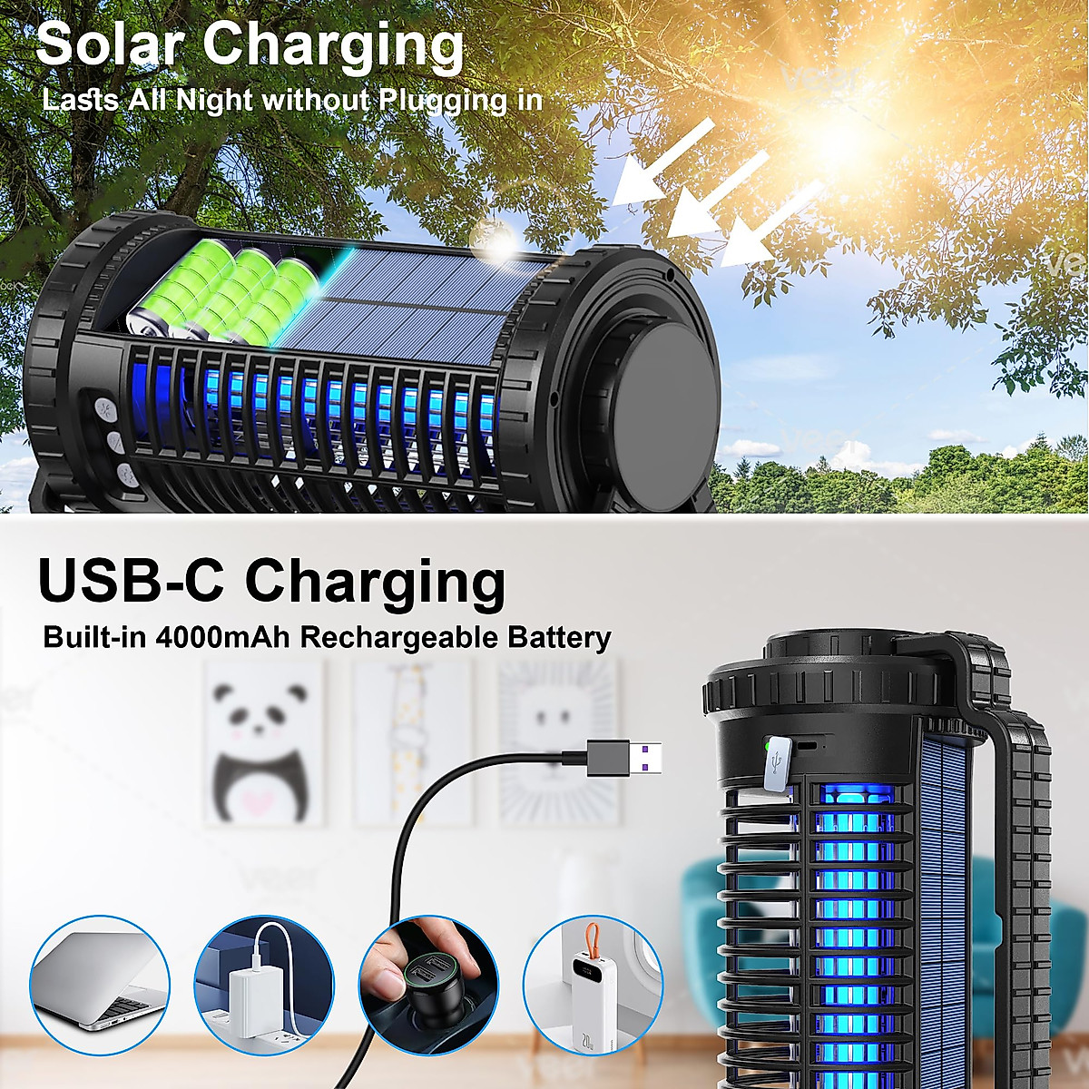 Bug Zapper,Solar Mosquito Zapper Outdoor & Indoor, Cordless Rechargeable Mosquito Trap, Mosquito Killer lamp Electric Fly Zapper, Waterproof Insect Zapper for Home, Backyard, Patio,Garden (Black_1)