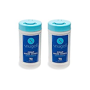 CPAP Mask Wipes by Snugell | 70 Count | Unscented | 100% Soft Cotton | Lint & Alcohol Free | Skin Safe with Aloe Vera | Easy Opening Canister | Clean CPAP Mask, Tube & Devices (2)