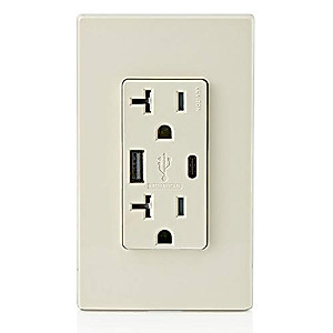 Leviton T5833-T 20-Amp Type-C USB Charger/Tamper Resistant Receptacle, Light Almond