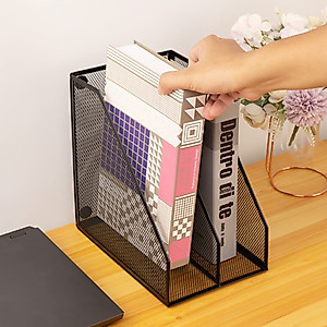2 Set Magazine Holder Metal Wire, 2 Compartments Mesh File Holder for Desk, Office Desk Accessories Decorative File Box, Black